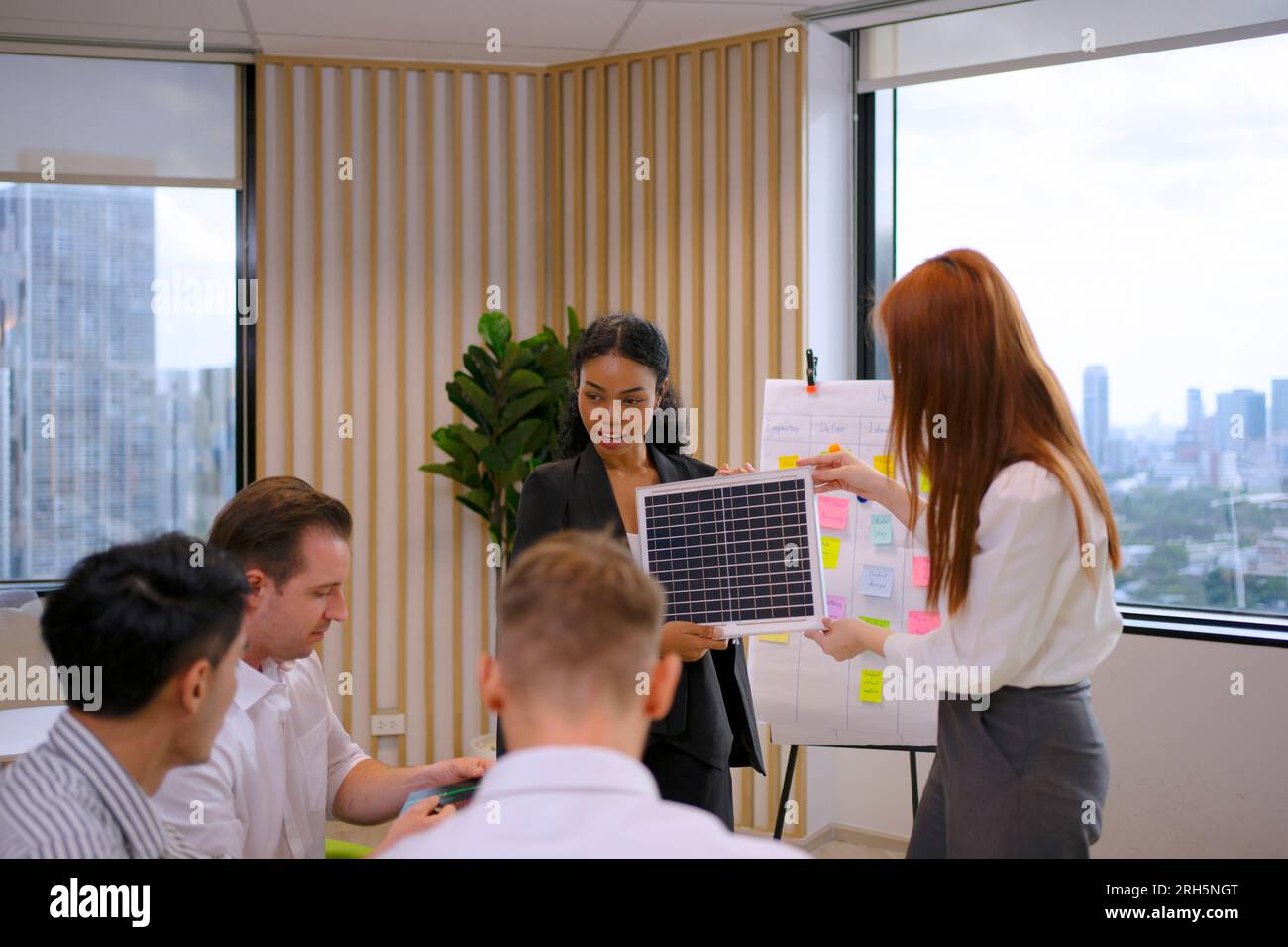 Vendor is meeting for solar panel. Environment and clean energy concept ...