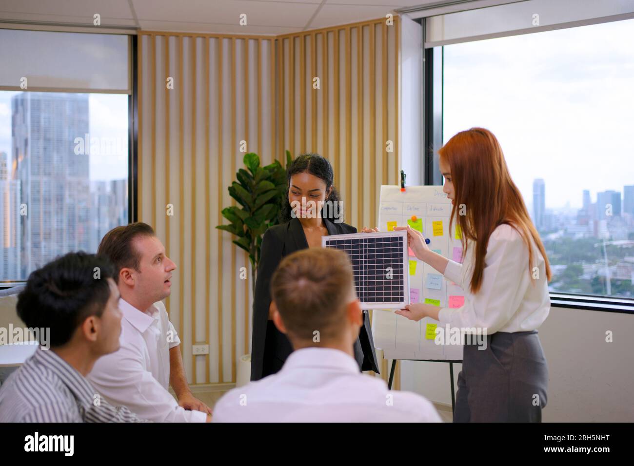 Vendor is meeting for solar panel. Environment and clean energy concept ...