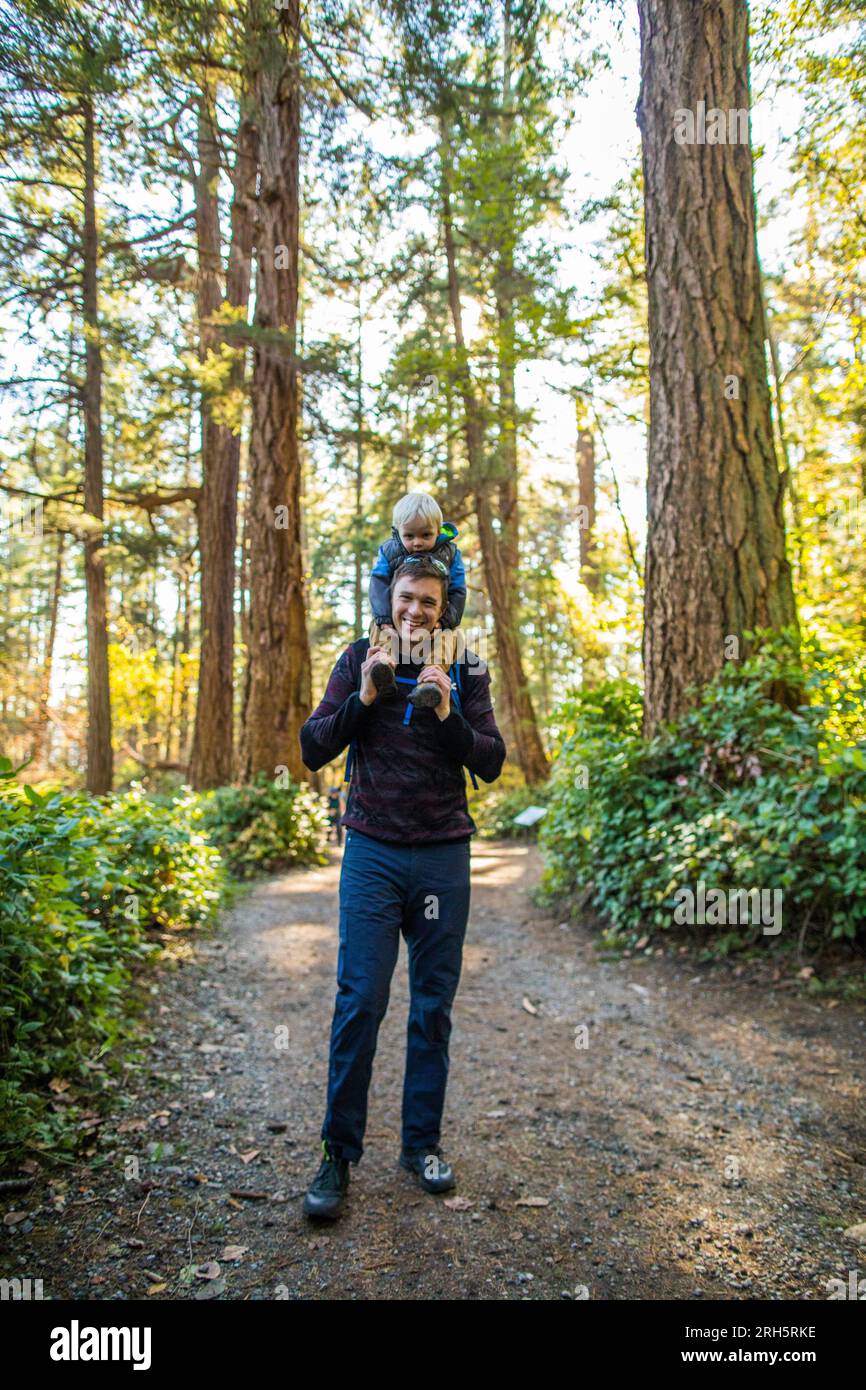 Father and son hiking on nature trail, large trees Stock Photo - Alamy