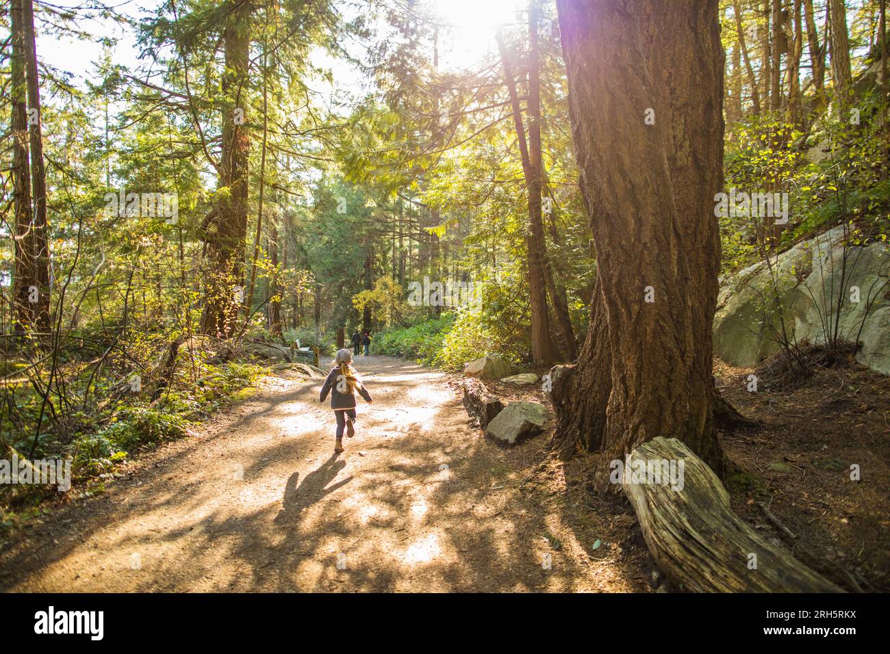 Young girl running on trail through forest Stock Photo - Alamy