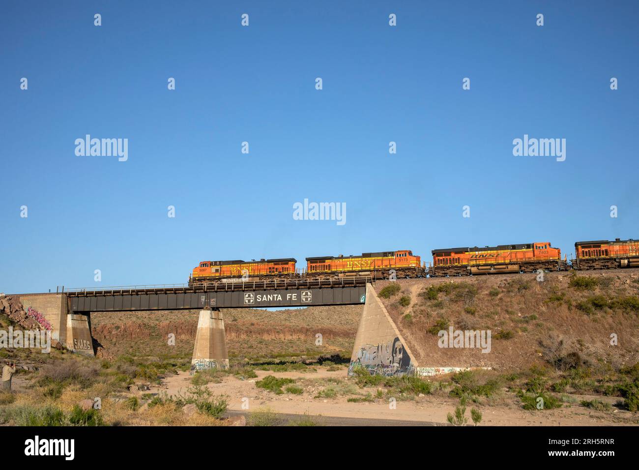 Locomotives cross over historic Santa Fe train bridge Stock Photo - Alamy