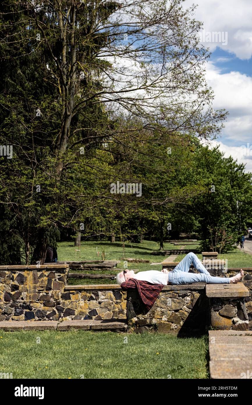 Albino man lies on a stone fence enjoying the sun Stock Photo - Alamy