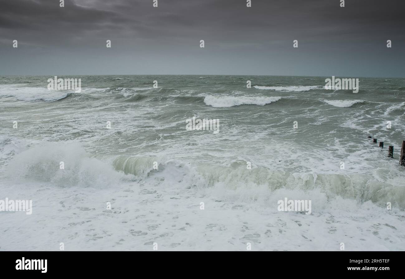 Grey sky over rough coastal waters, Bracklesham Bay, East Wittering ...