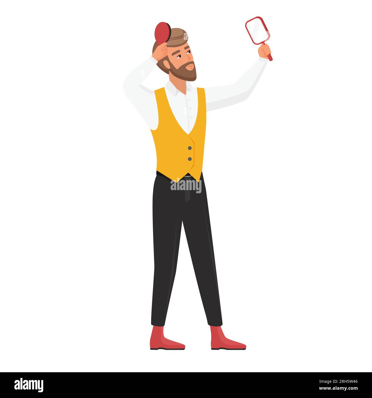 Hipster man looking at the mirror. Stylish hipster boy combing his hair ...