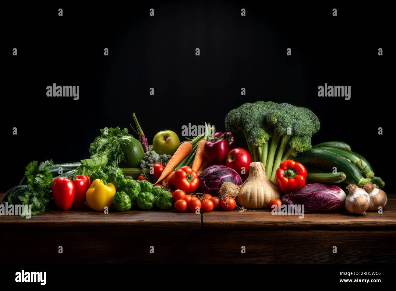 A captivating arrangement of fresh fruits and vegetables on a rustic ...