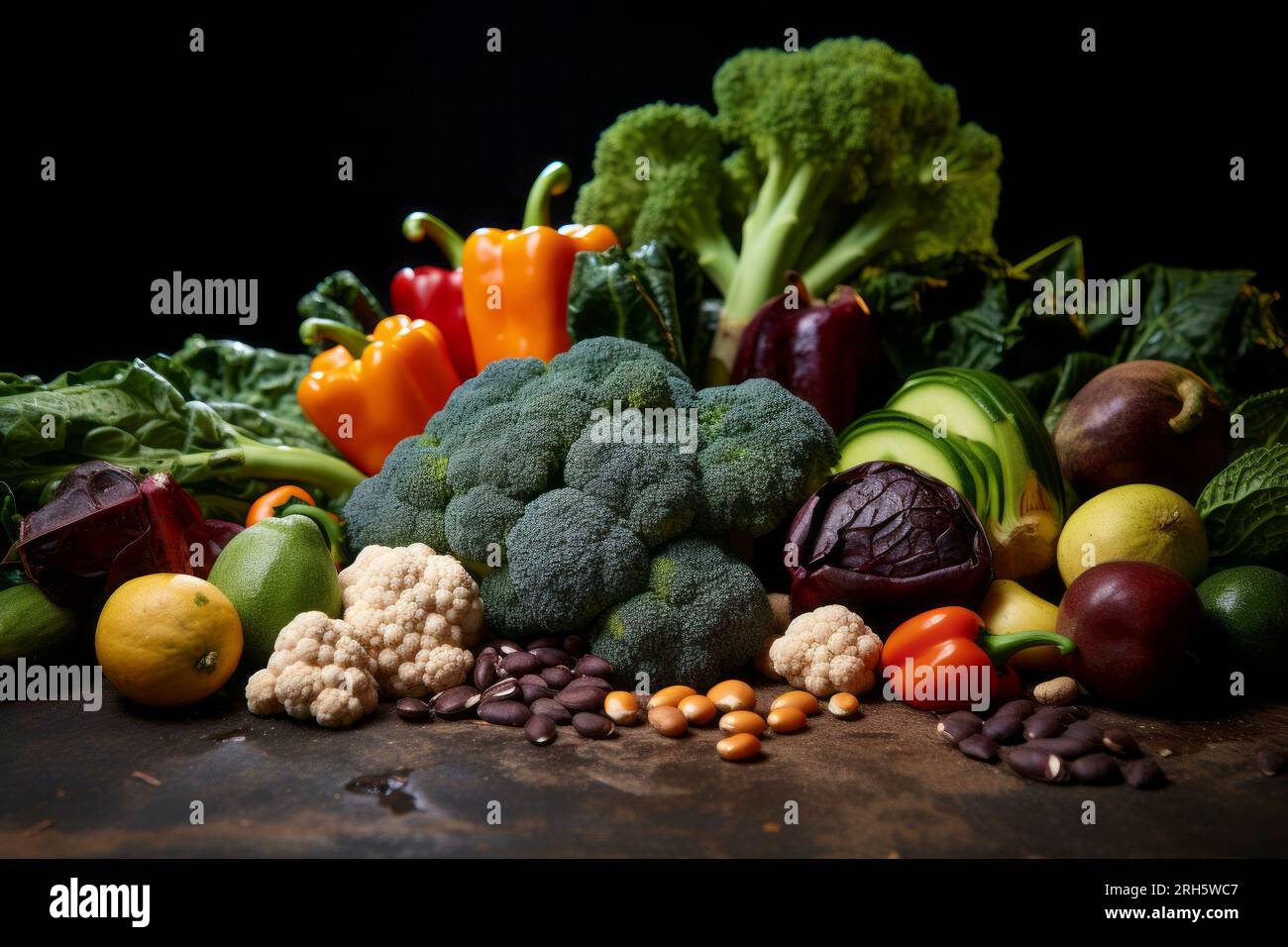 A captivating arrangement of fresh fruits and vegetables on a rustic ...
