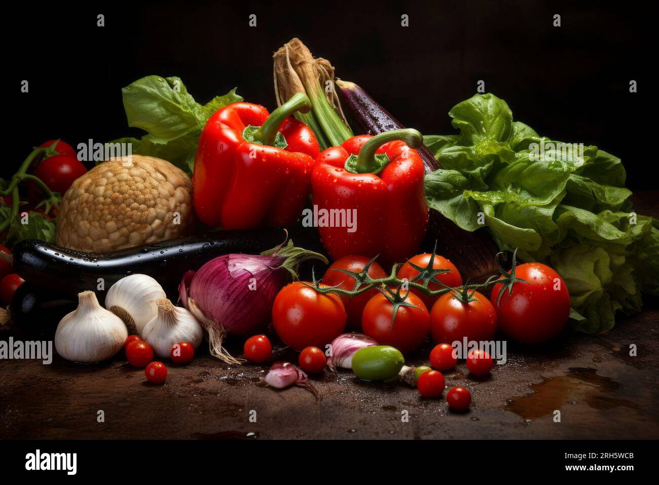 A captivating arrangement of fresh fruits and vegetables on a rustic ...