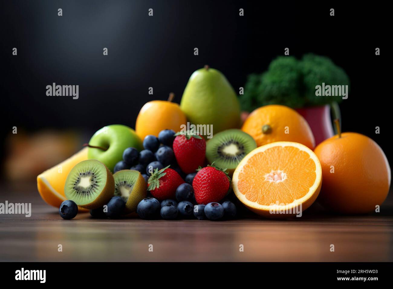 A captivating arrangement of fresh fruits and vegetables on a rustic ...