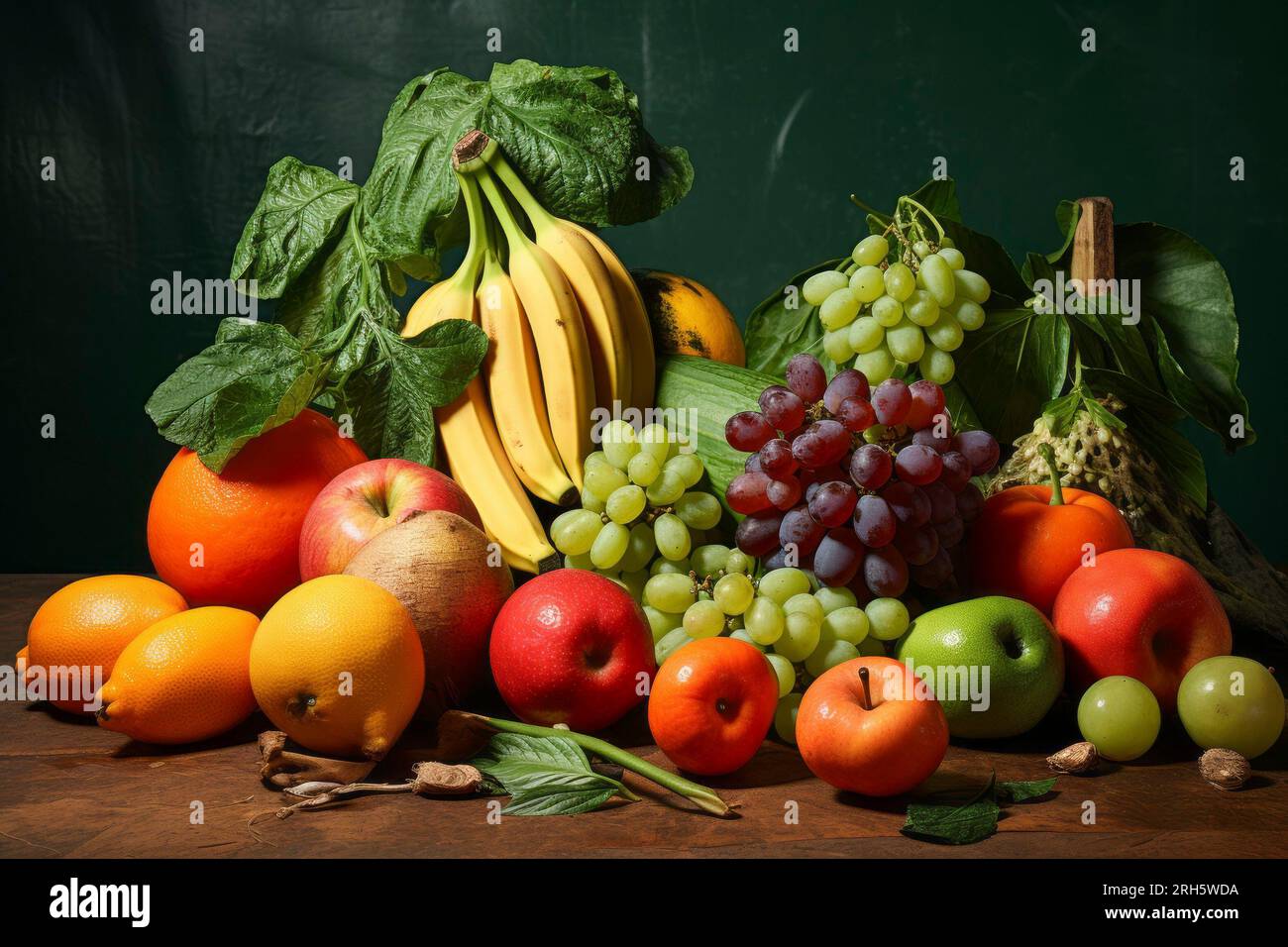 A captivating arrangement of fresh fruits and vegetables on a rustic ...