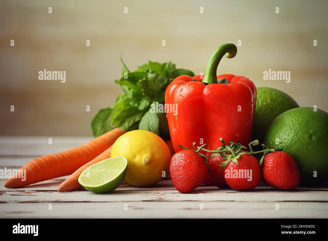 A captivating arrangement of fresh fruits and vegetables on a rustic ...