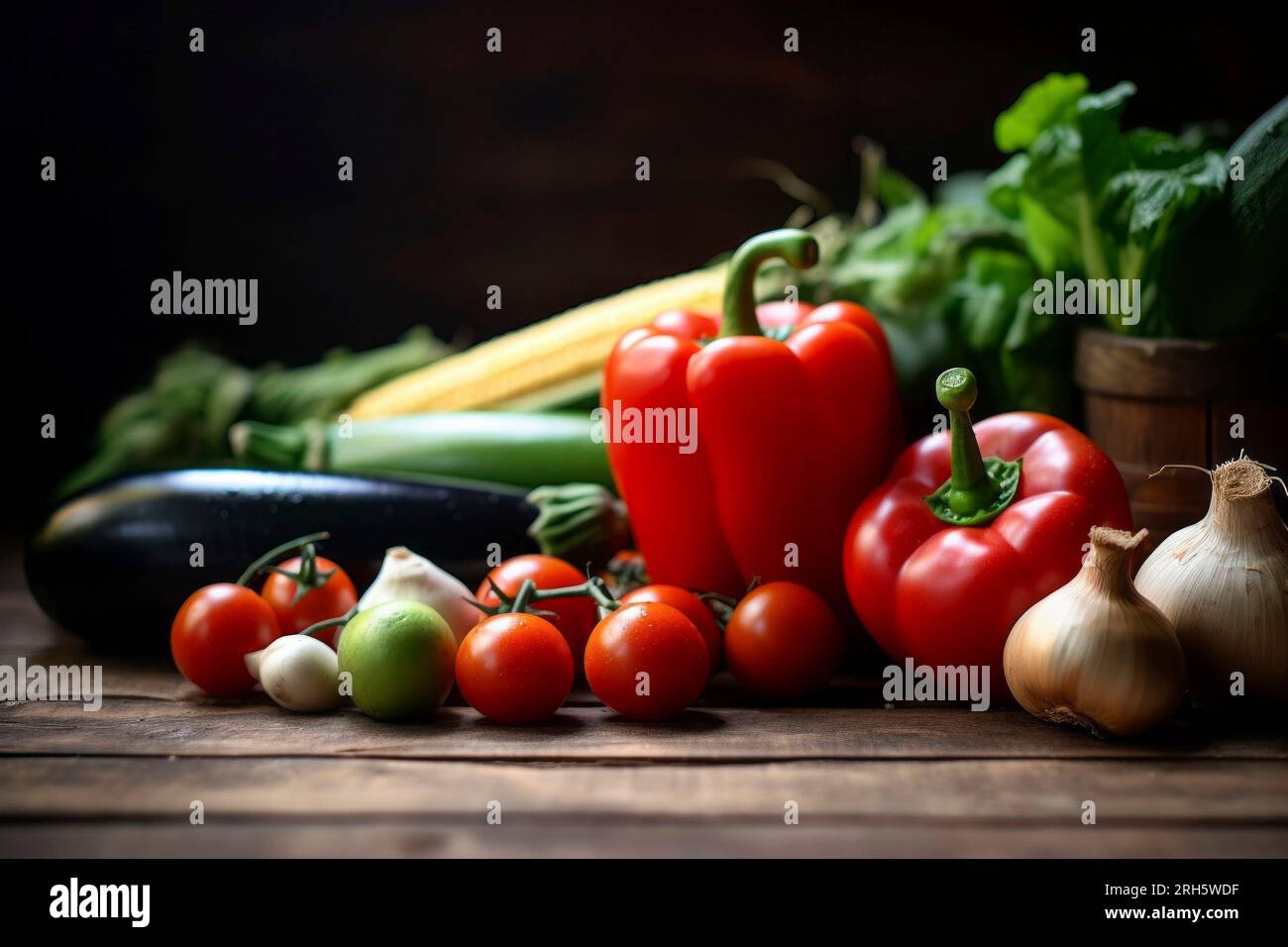 A captivating arrangement of fresh fruits and vegetables on a rustic ...