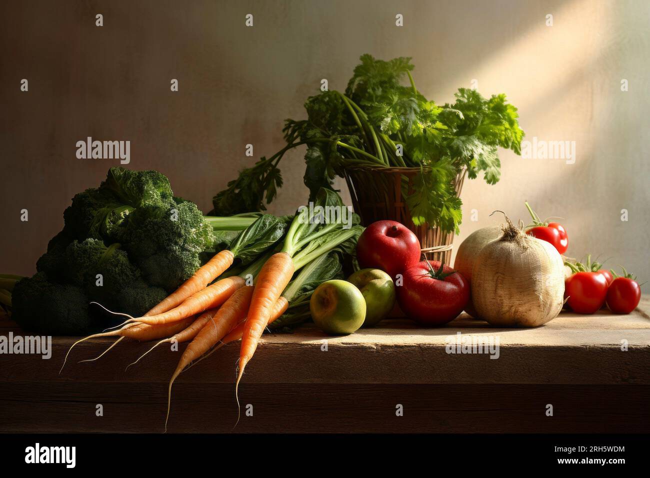 A captivating arrangement of fresh fruits and vegetables on a rustic ...