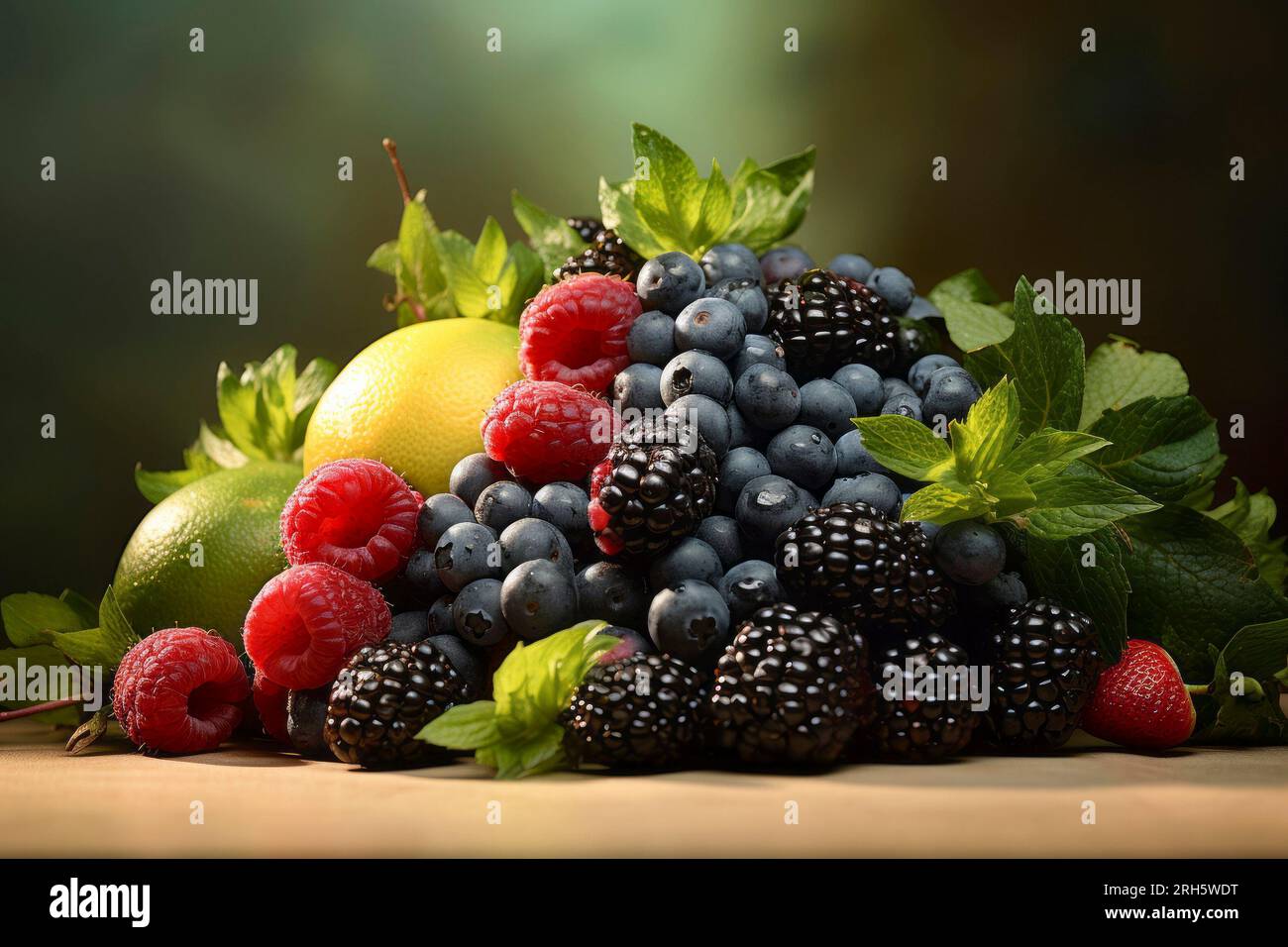 A captivating arrangement of fresh fruits and vegetables on a rustic ...