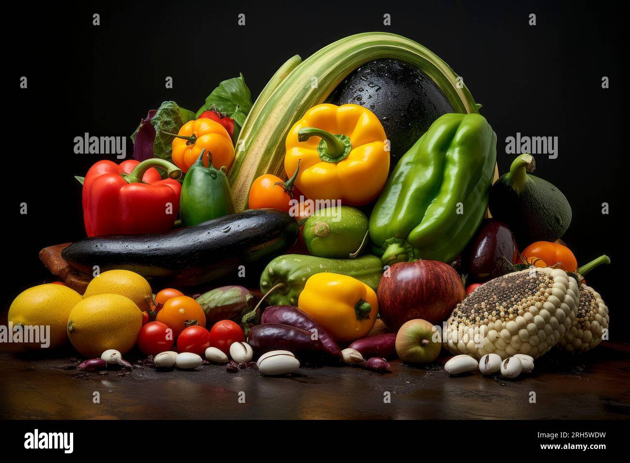 A captivating arrangement of fresh fruits and vegetables on a rustic ...