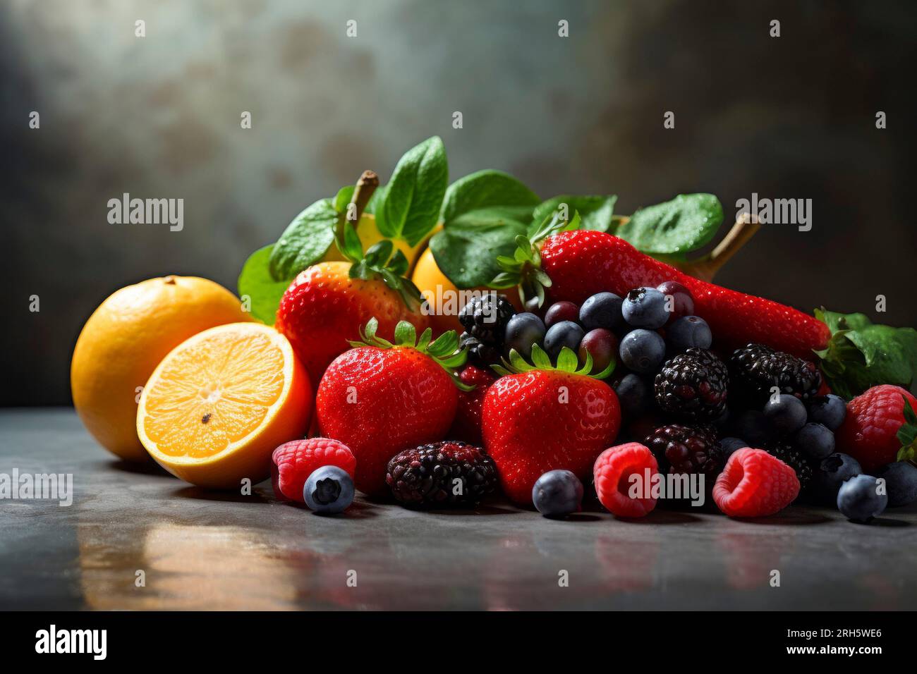 A captivating arrangement of fresh fruits and vegetables on a rustic ...