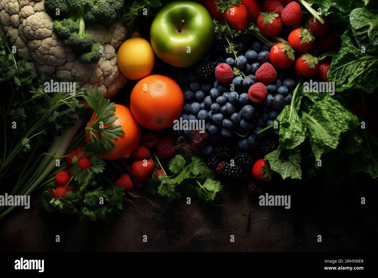 A captivating arrangement of fresh fruits and vegetables on a rustic ...