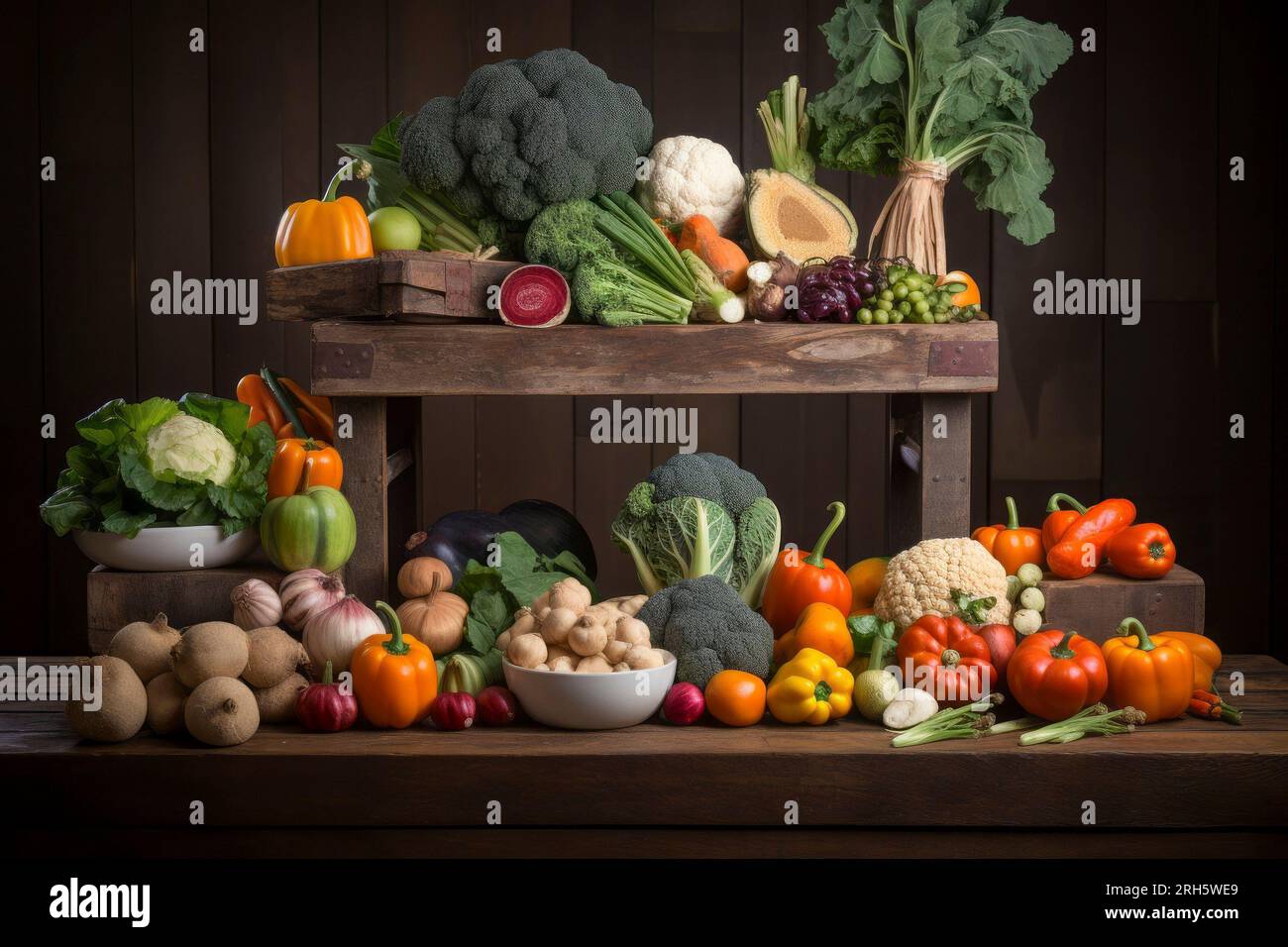 A captivating arrangement of fresh fruits and vegetables on a rustic ...