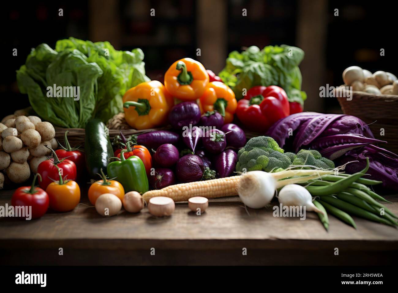 A captivating arrangement of fresh fruits and vegetables on a rustic ...