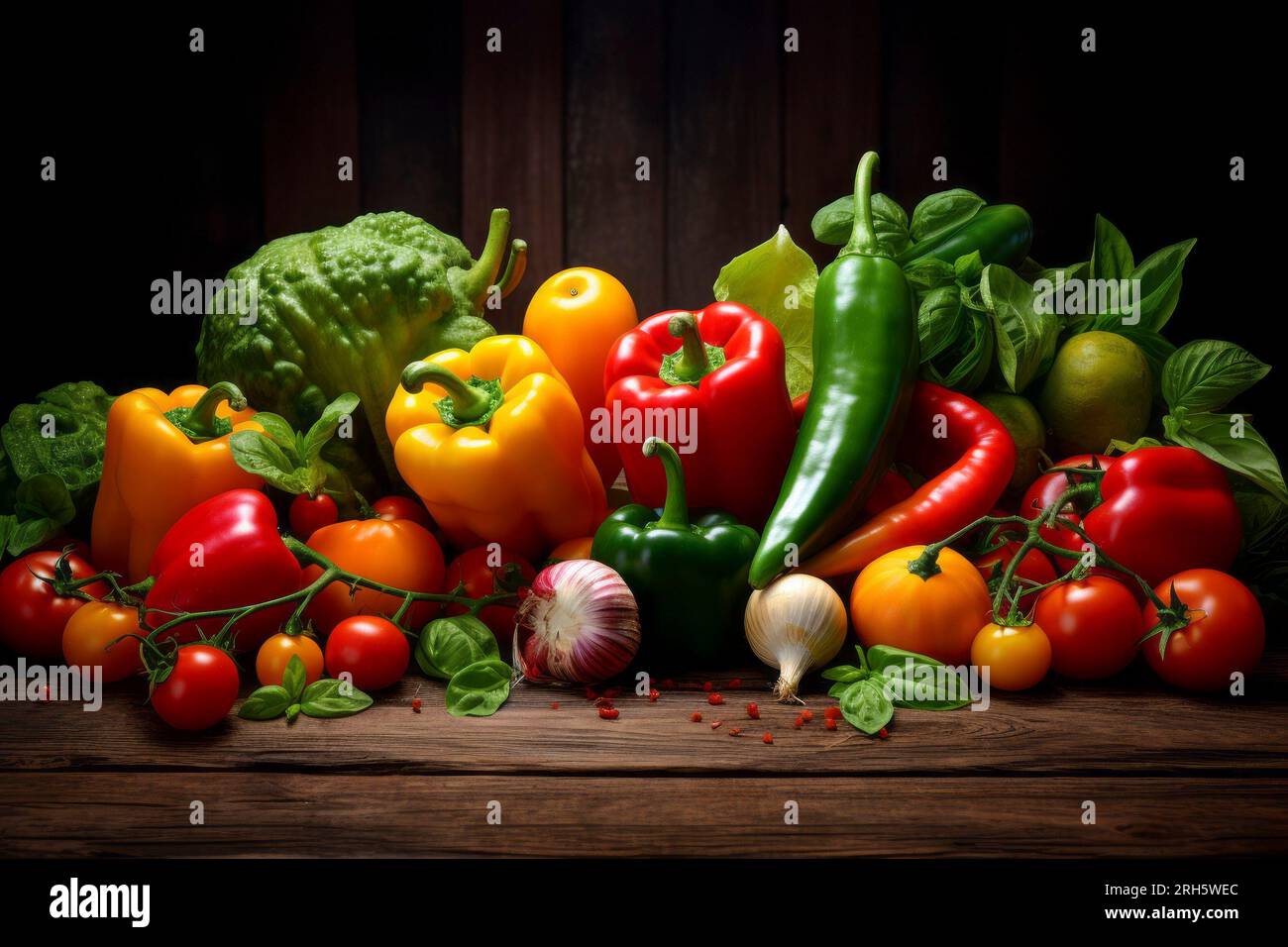 A captivating arrangement of fresh fruits and vegetables on a rustic ...