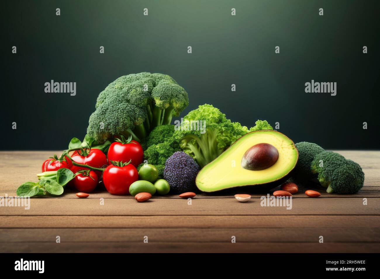 A captivating arrangement of fresh fruits and vegetables on a rustic ...