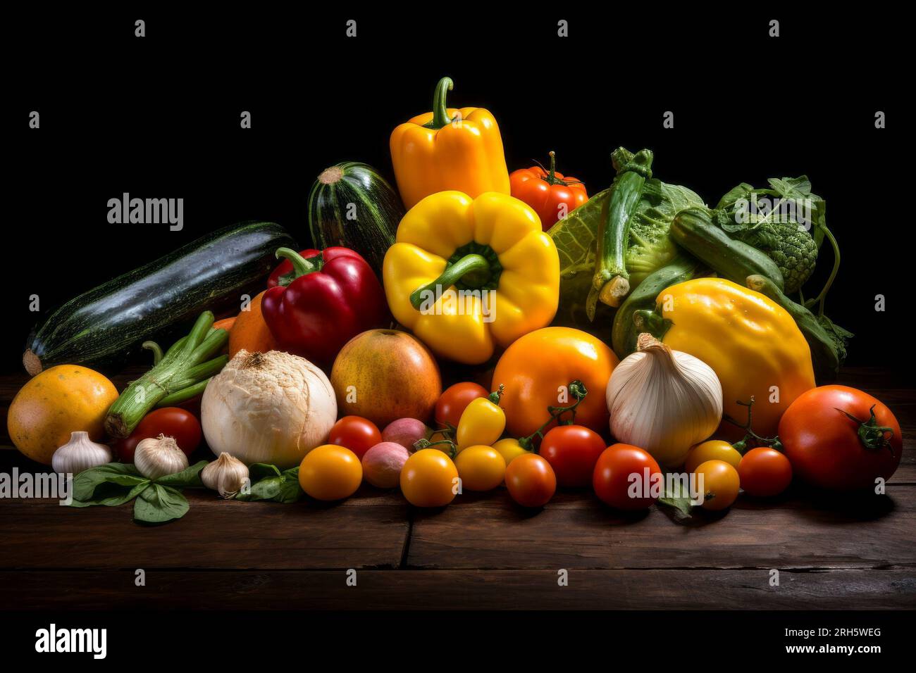 A captivating arrangement of fresh fruits and vegetables on a rustic ...
