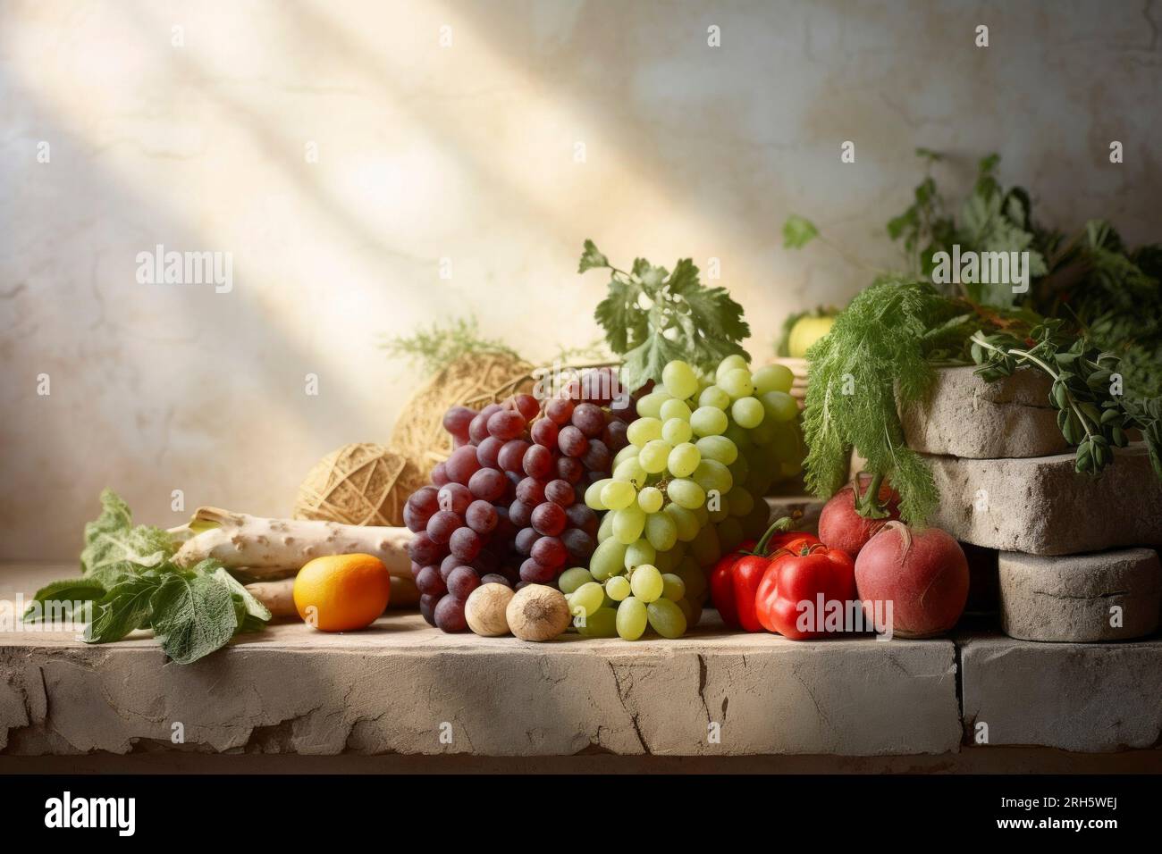 A captivating arrangement of fresh fruits and vegetables on a rustic ...