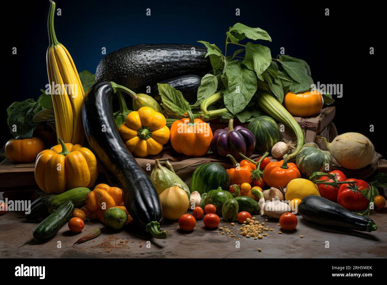 A captivating arrangement of fresh fruits and vegetables on a rustic ...