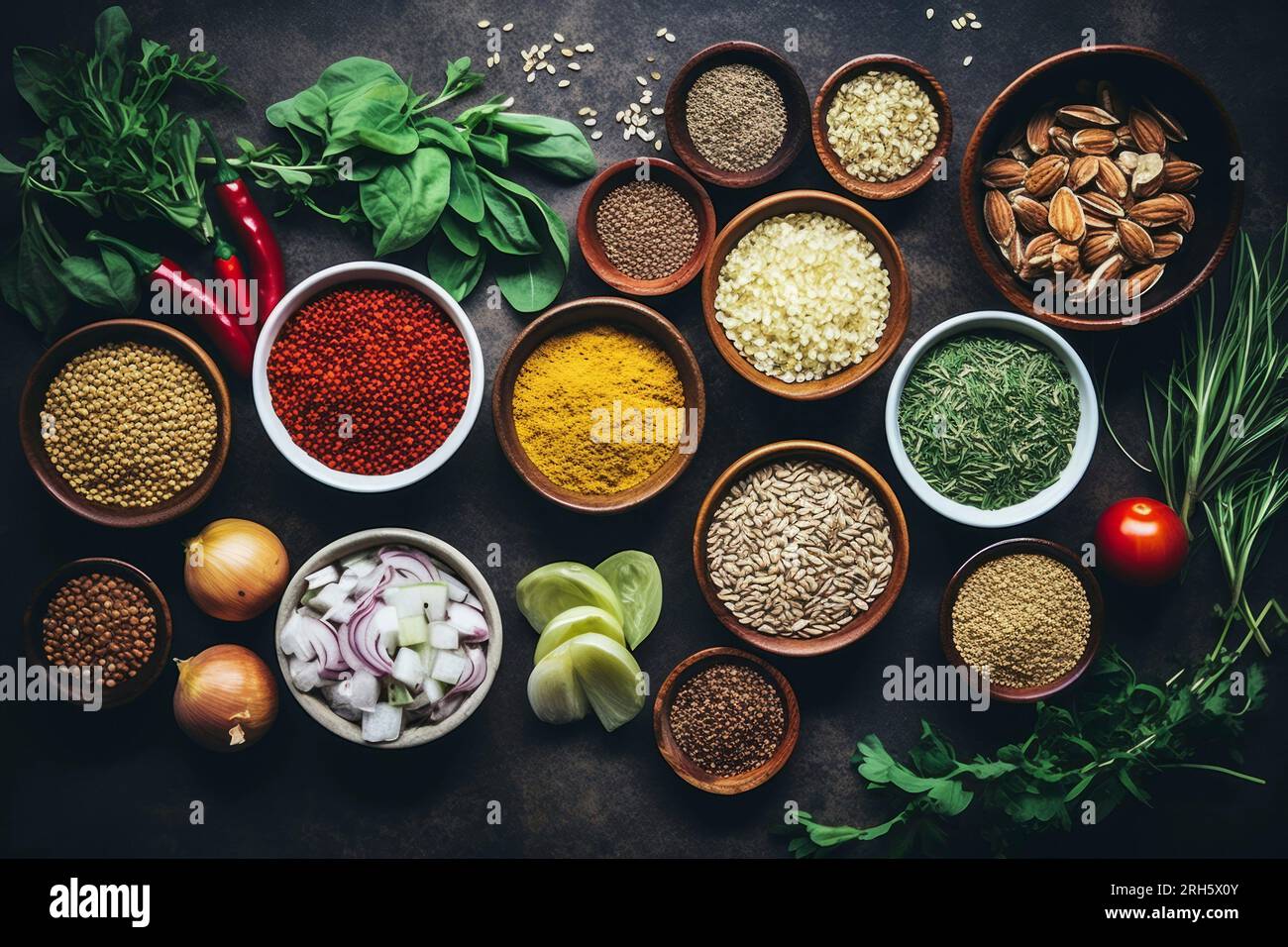 A diverse composition of nutritious food items elegantly presented in a ...