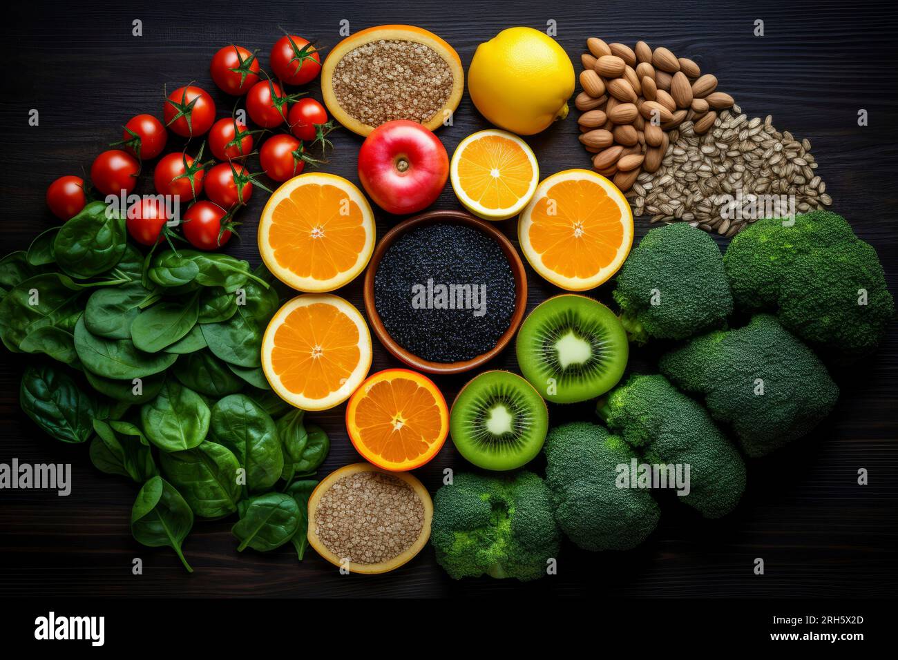 A diverse composition of nutritious food items elegantly presented in a ...