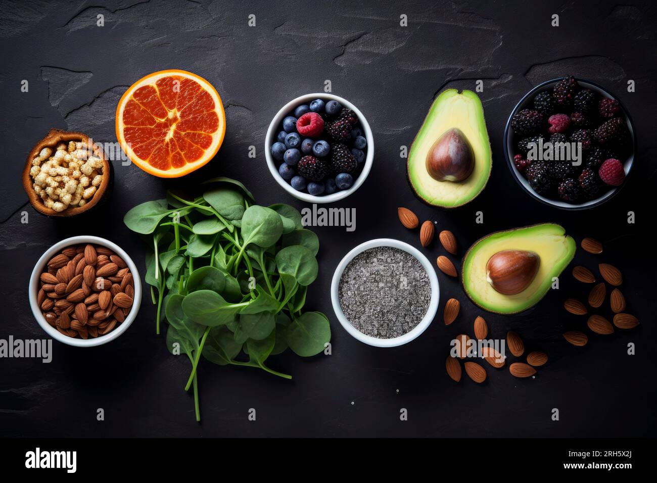 A diverse composition of nutritious food items elegantly presented in a ...