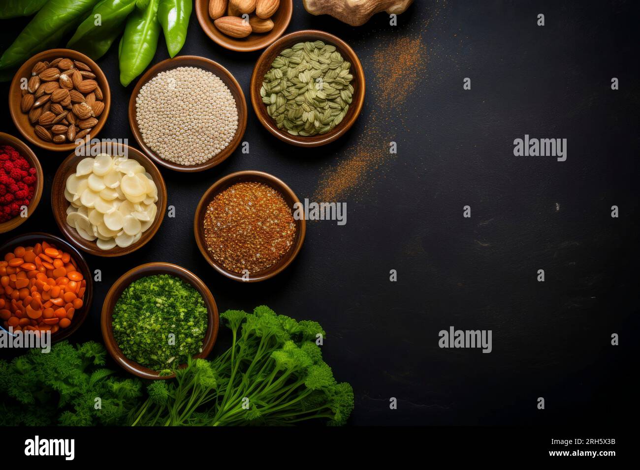 An overhead shot capturing a diverse selection of healthy foods ...
