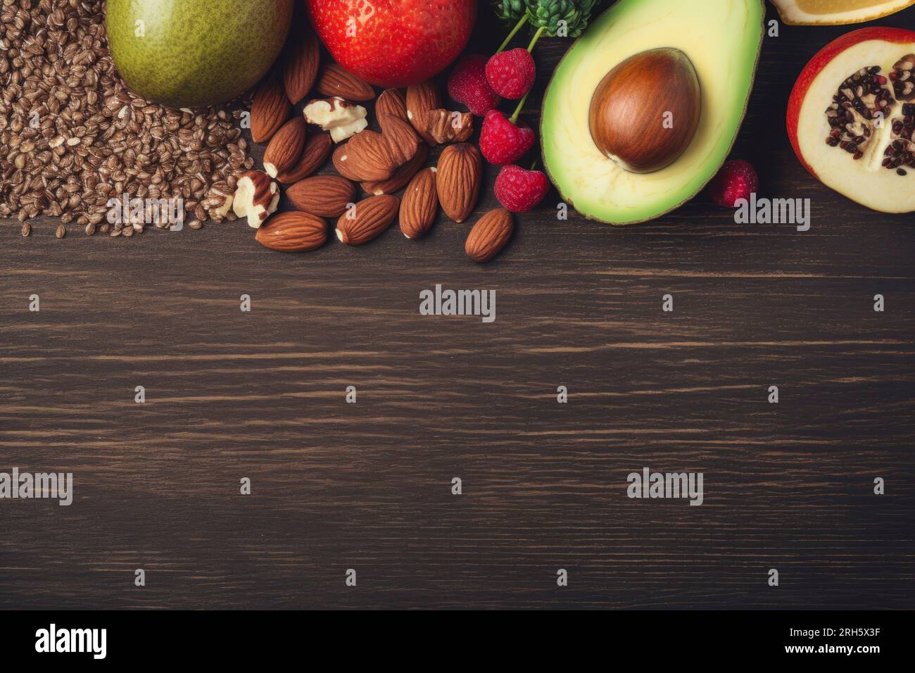 An overhead shot capturing a diverse selection of healthy foods ...