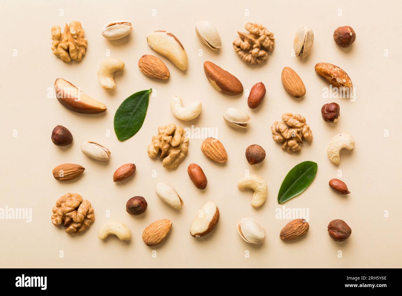 Composition of nuts , flat lay - mix hazelnuts, cashews, almonds on ...