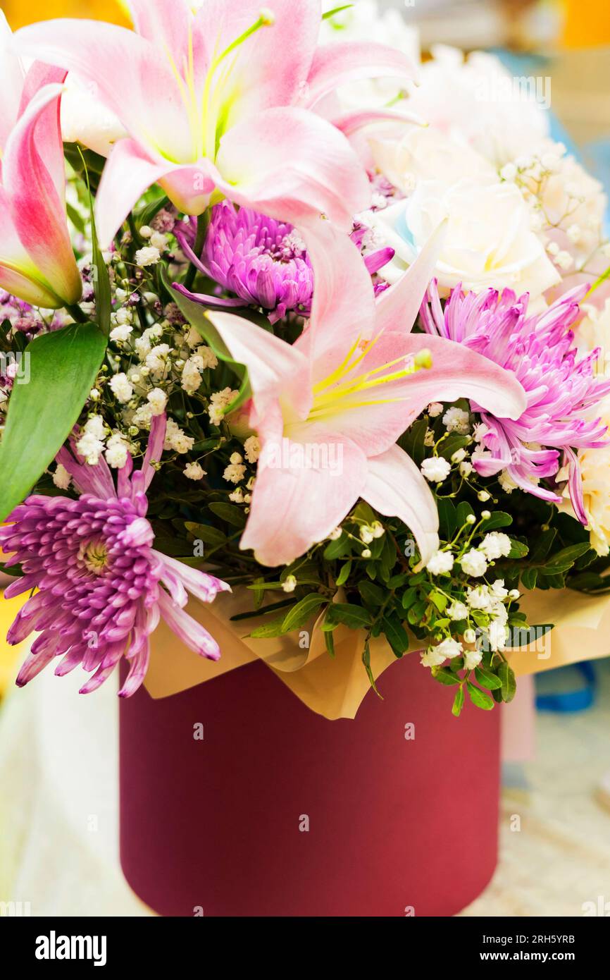 Pink lily flower.Closeup of lily spring flowers. Beautiful lily flower ...