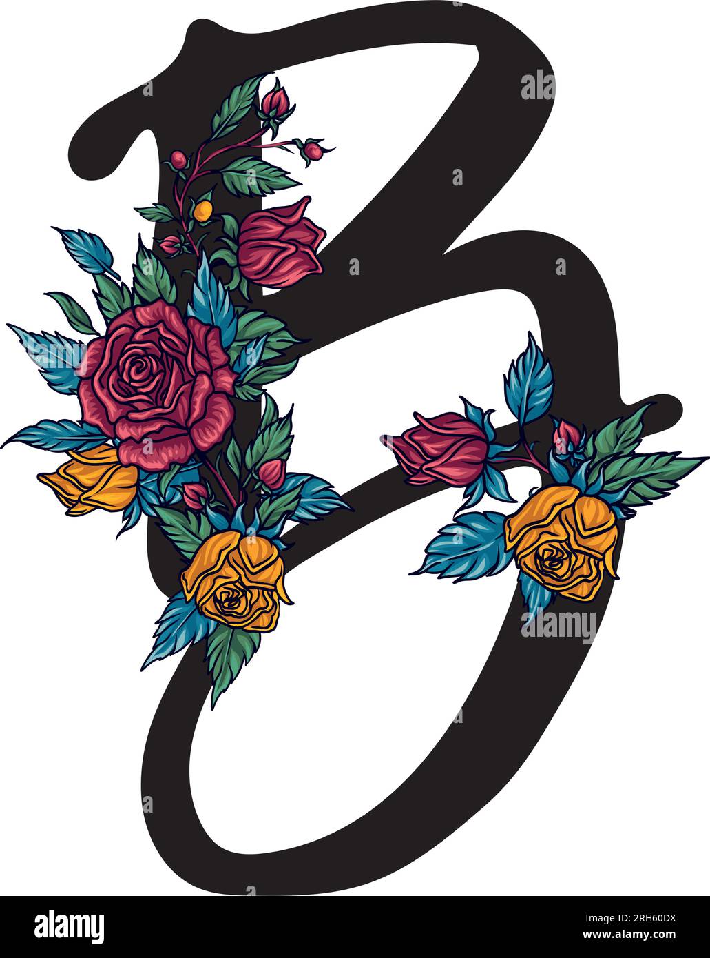 letter B handwritten font with roses, hand lettering with hand drawn ...