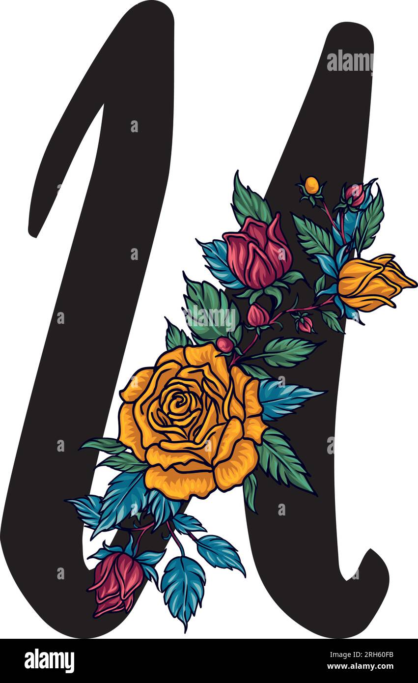letter U handwritten font with roses, hand lettering with hand drawn ...
