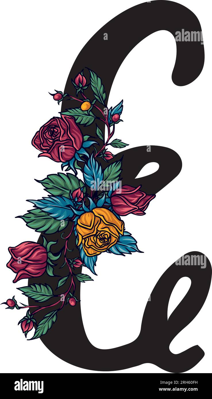 letter E handwritten font with roses, hand lettering with hand drawn ...