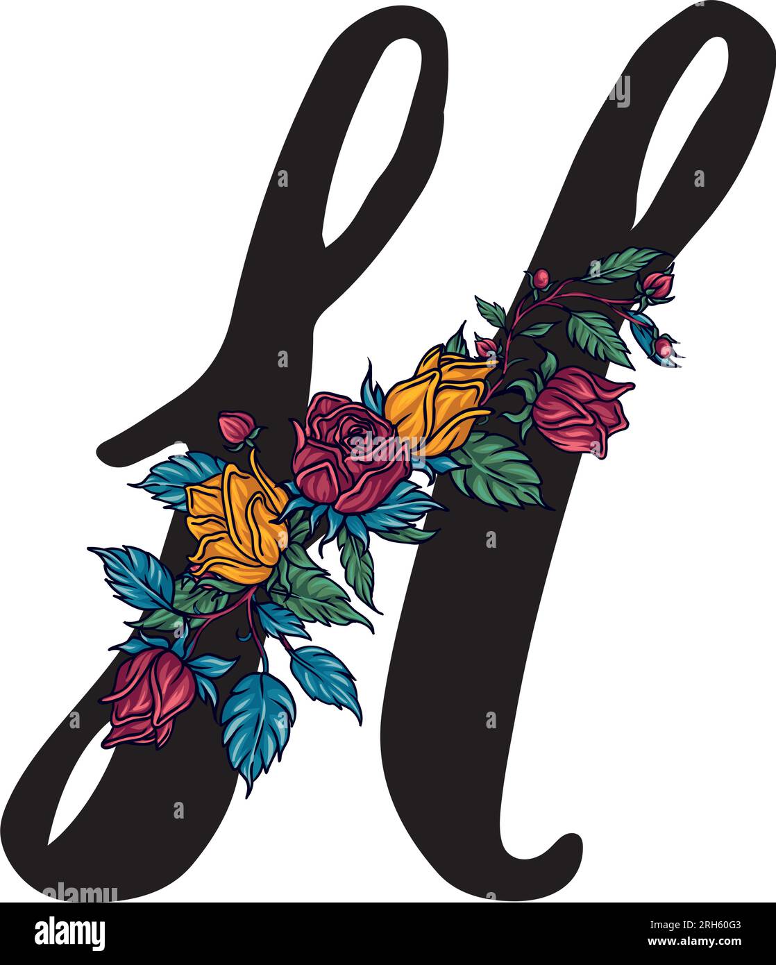 letter H handwritten font with roses, hand lettering with hand drawn ...