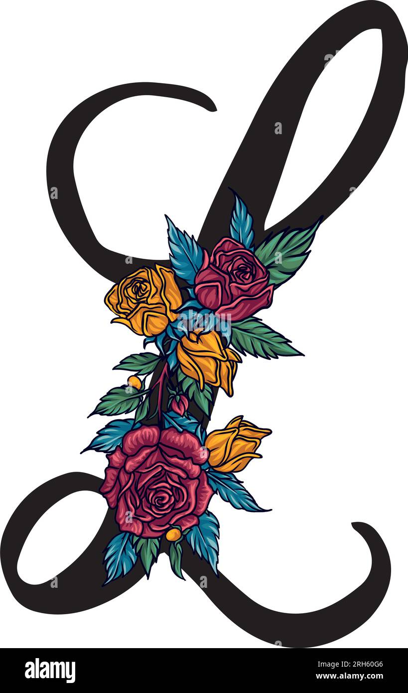 letter L handwritten font with roses, hand lettering with hand drawn ...