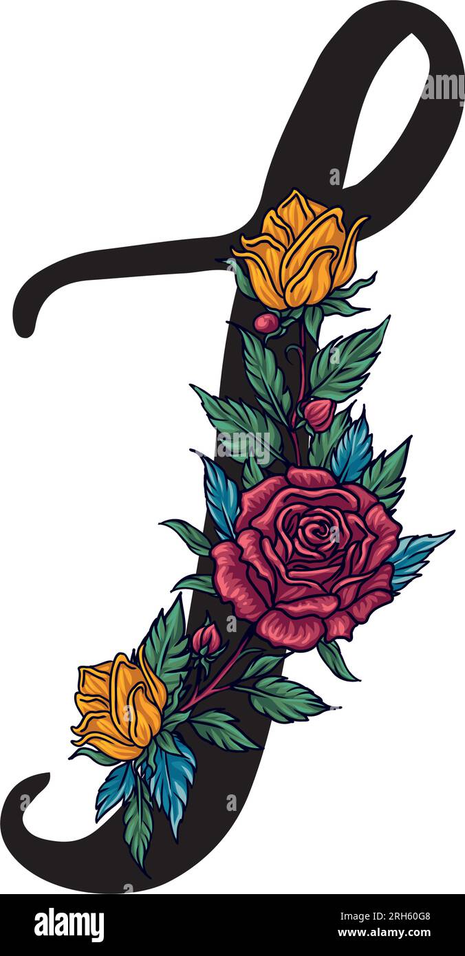 letter I handwritten font with roses, hand lettering with hand drawn ...