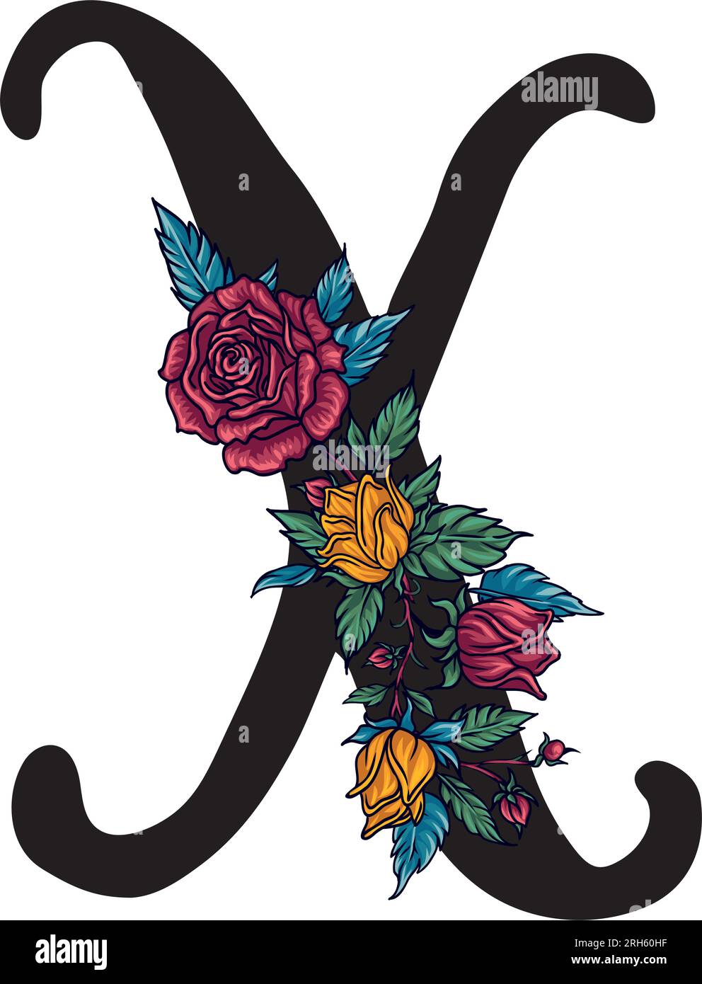 letter X handwritten font with roses, hand lettering with hand drawn ...