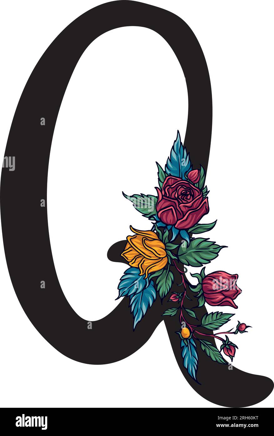 letter Q handwritten font with roses, hand lettering with hand drawn ...