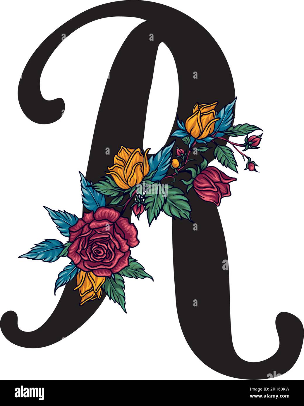 letter R handwritten font with roses, hand lettering with hand drawn ...