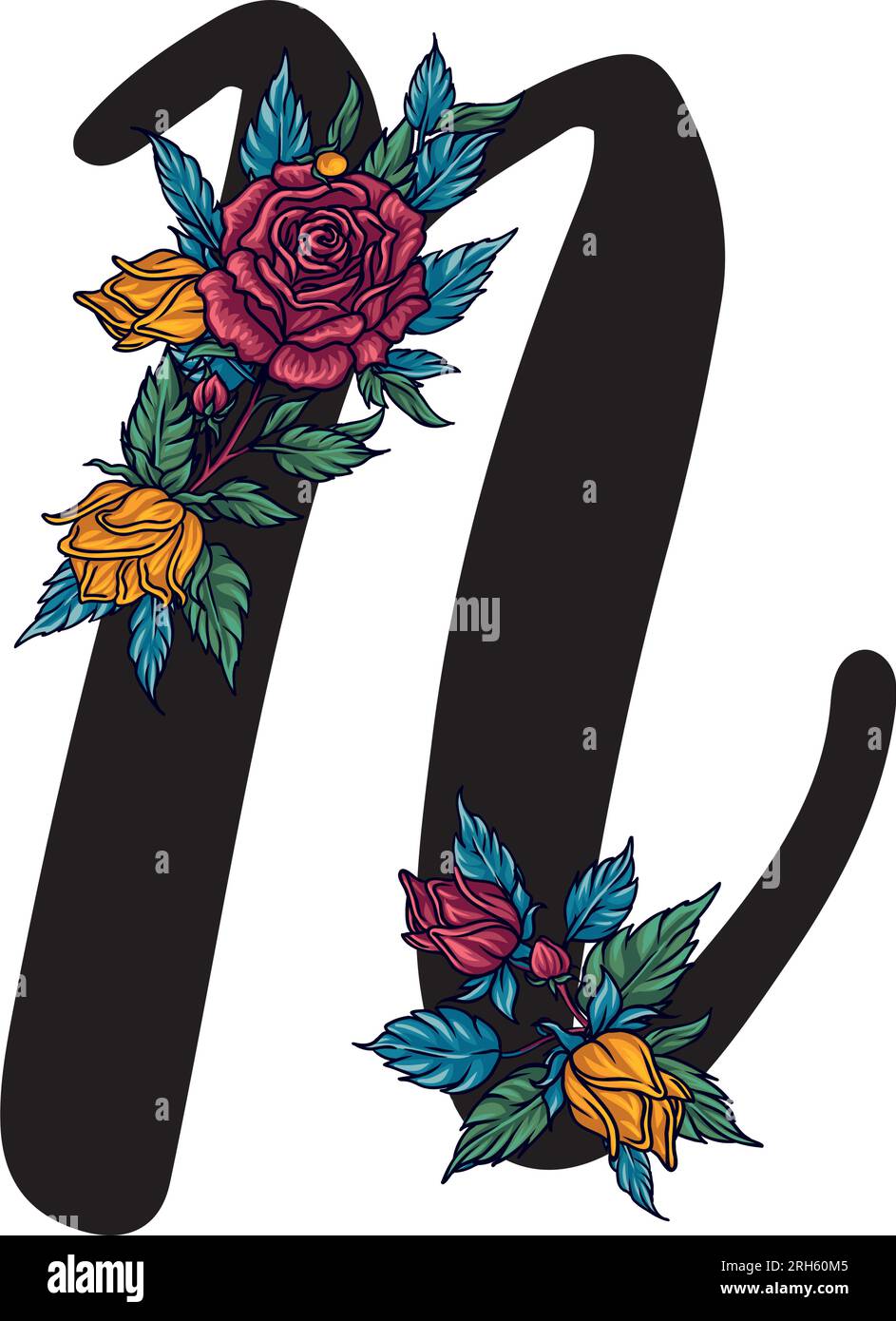 letter N handwritten font with roses, hand lettering with hand drawn ...