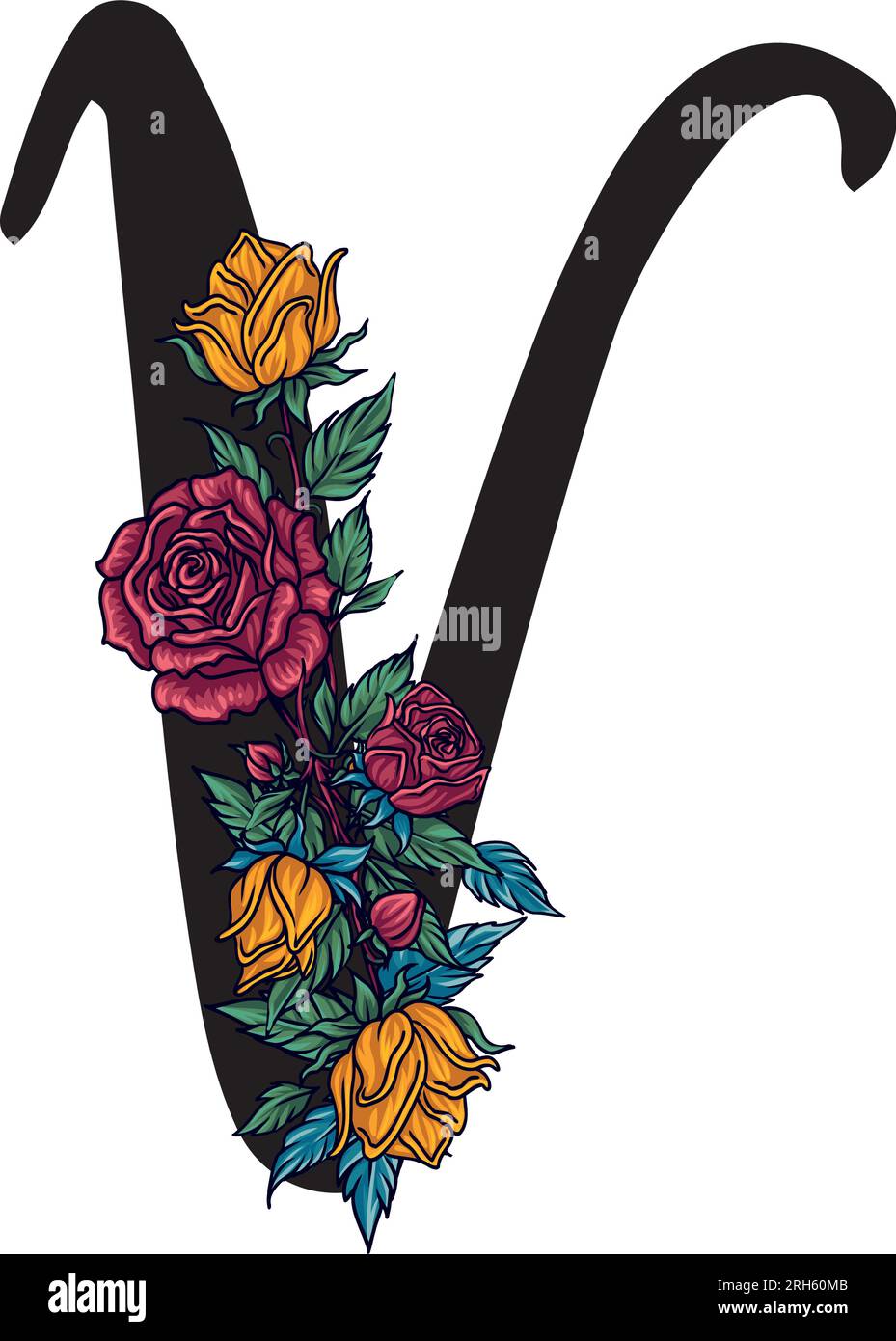 letter V handwritten font with roses, hand lettering with hand drawn ...