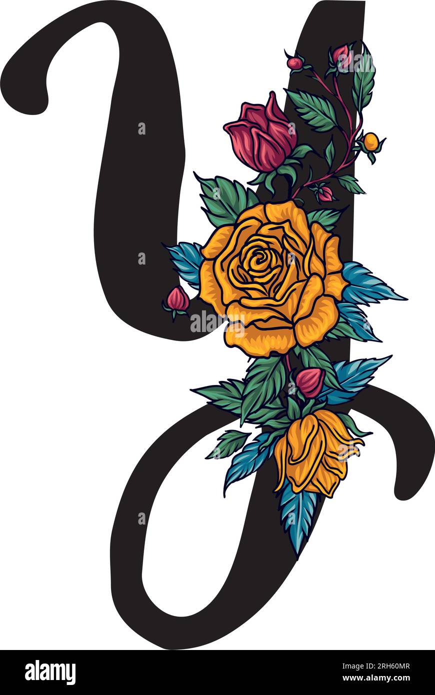 letter Y handwritten font with roses, hand lettering with hand drawn ...
