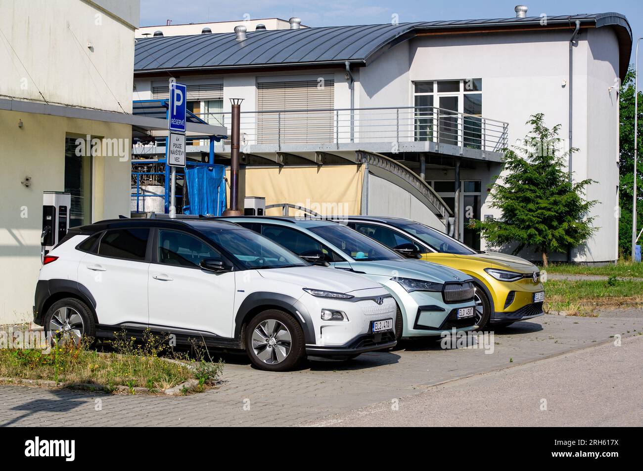 OSTRAVA, CZECH REPUBLIC - JULY 10, 2023: Electric cars Hyundai Kona ...