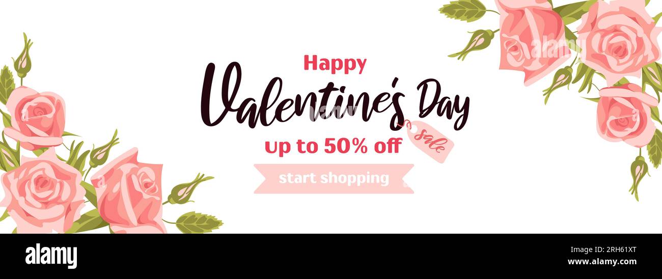 Happy Valentines Day sale. Bright horizontal banner with elegant floral ...