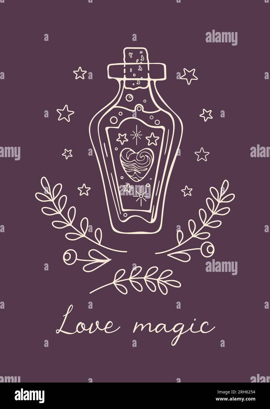 Cute vintage illustration for Valentines Day. Magic witch love potion ...
