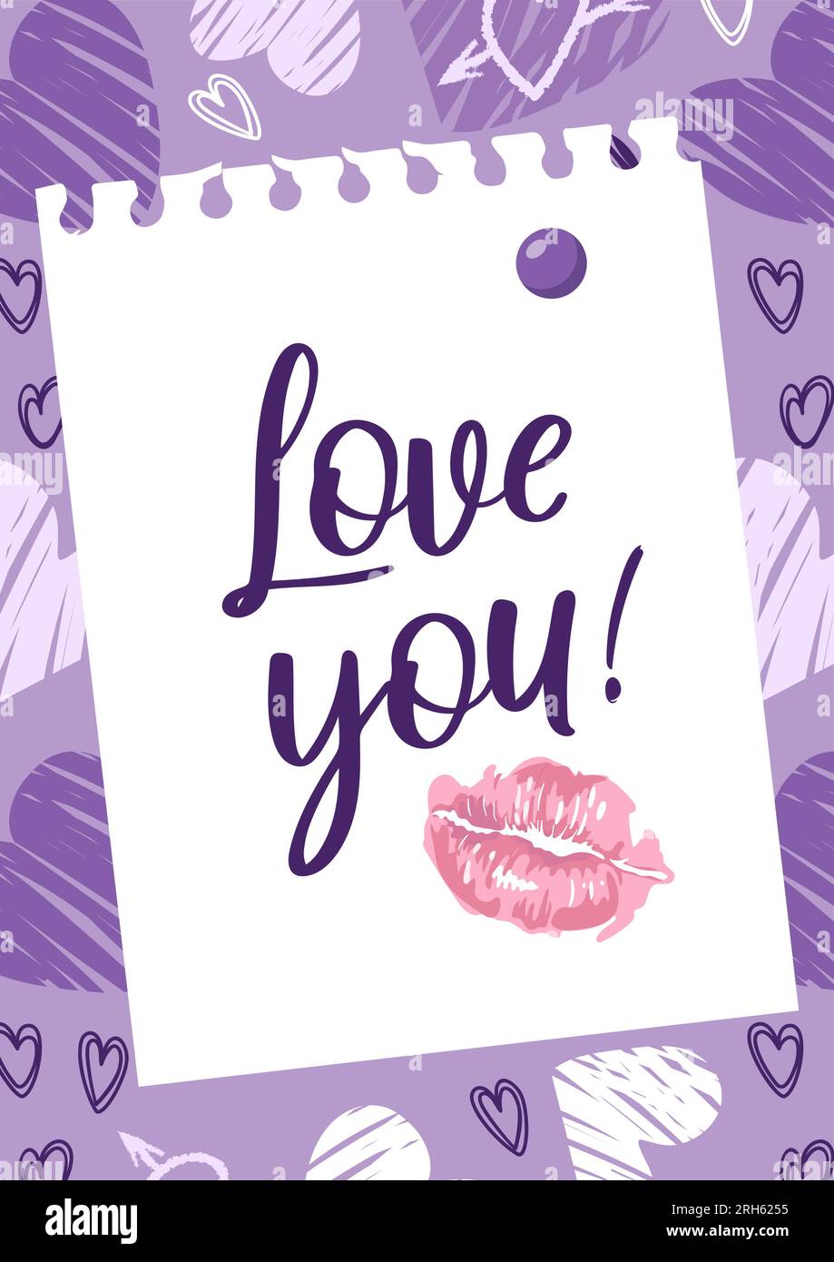 Postcard for Valentines Day. Love you. Note with a kiss, hearts. Bold ...
